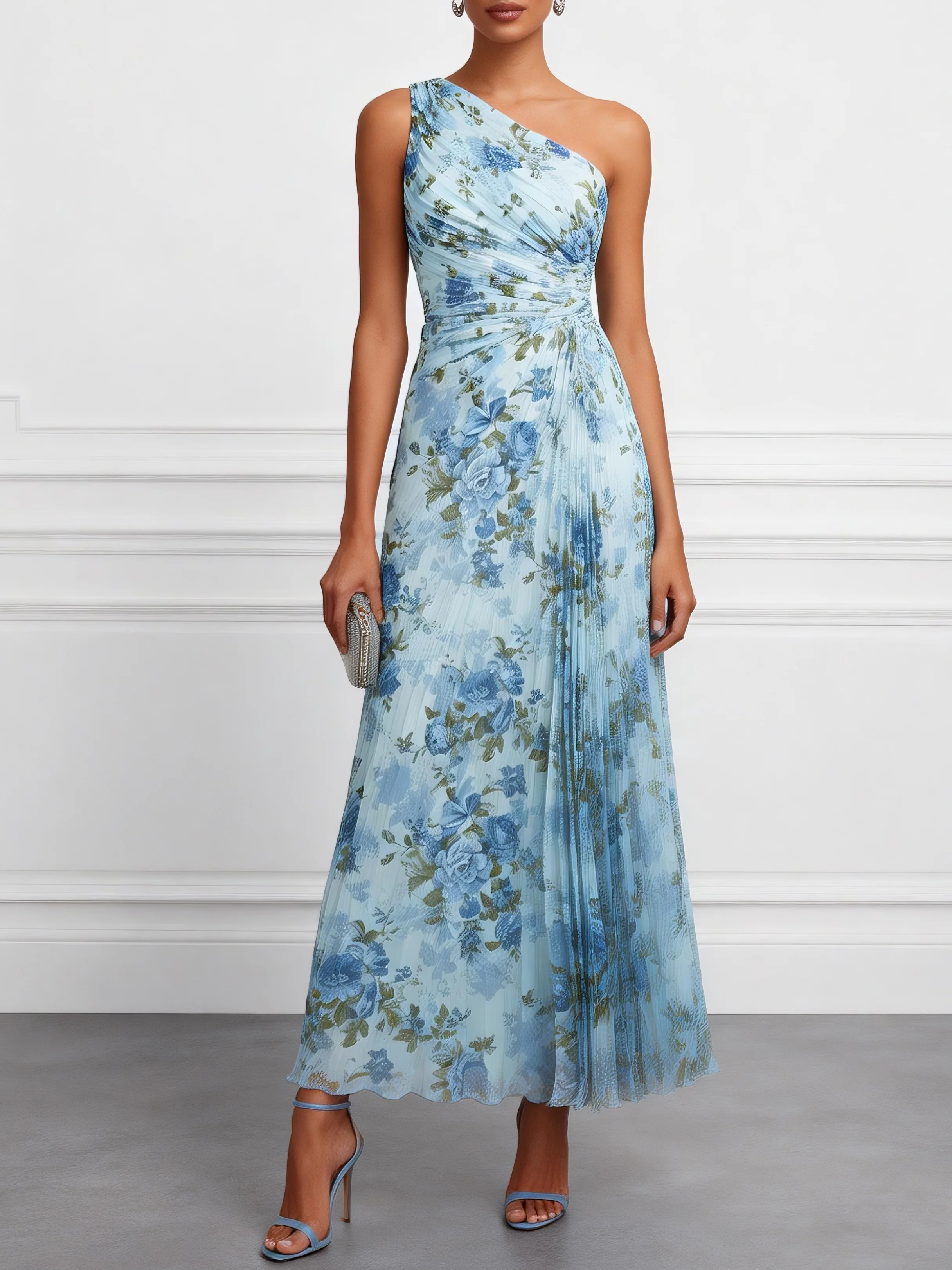 Light Blue Floral Pleated Chiffon One Shoulder Sleeveless A-Line Maxi ...
