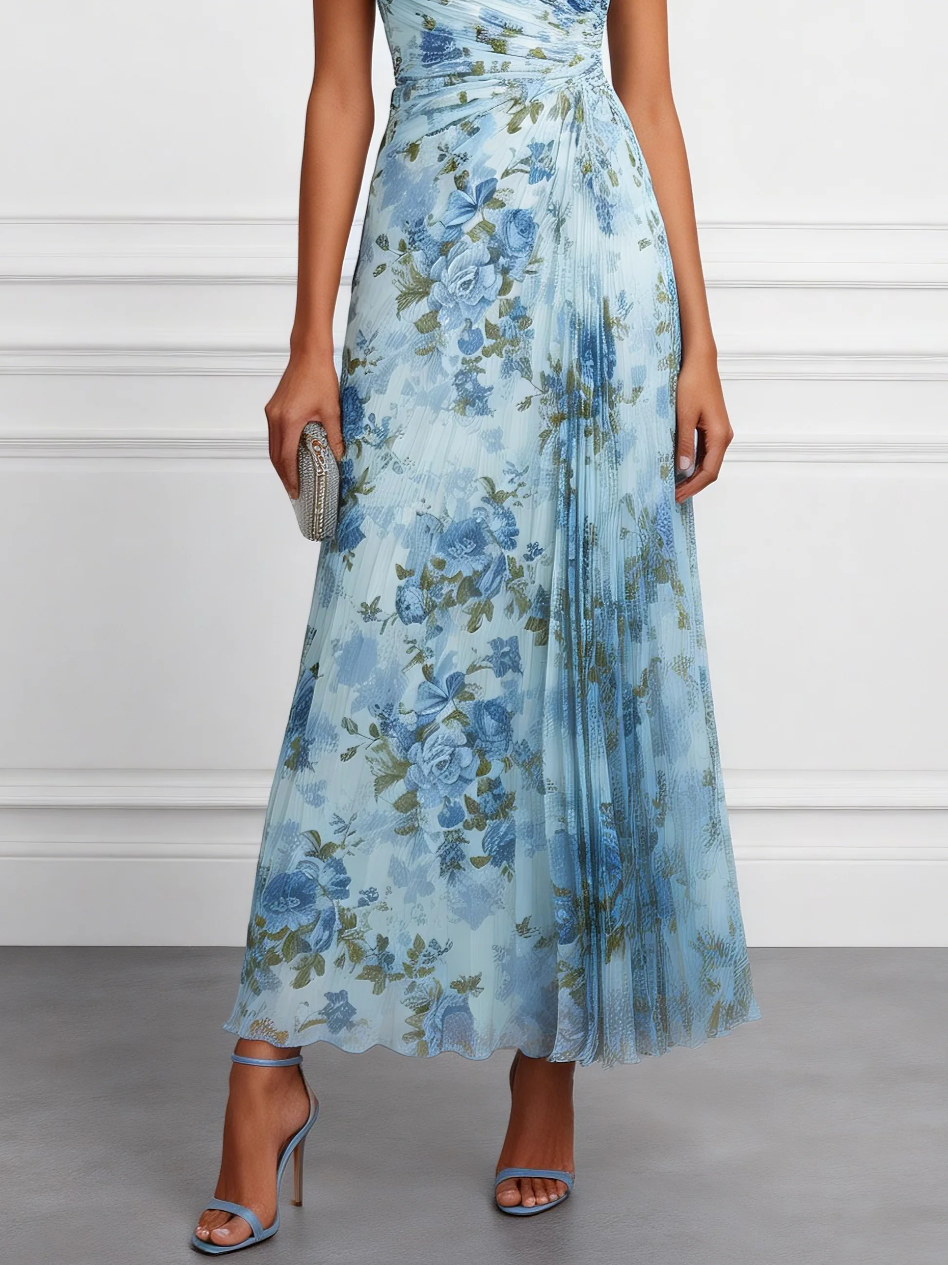 Light Blue Floral Pleated Chiffon One Shoulder Sleeveless A-Line Maxi ...
