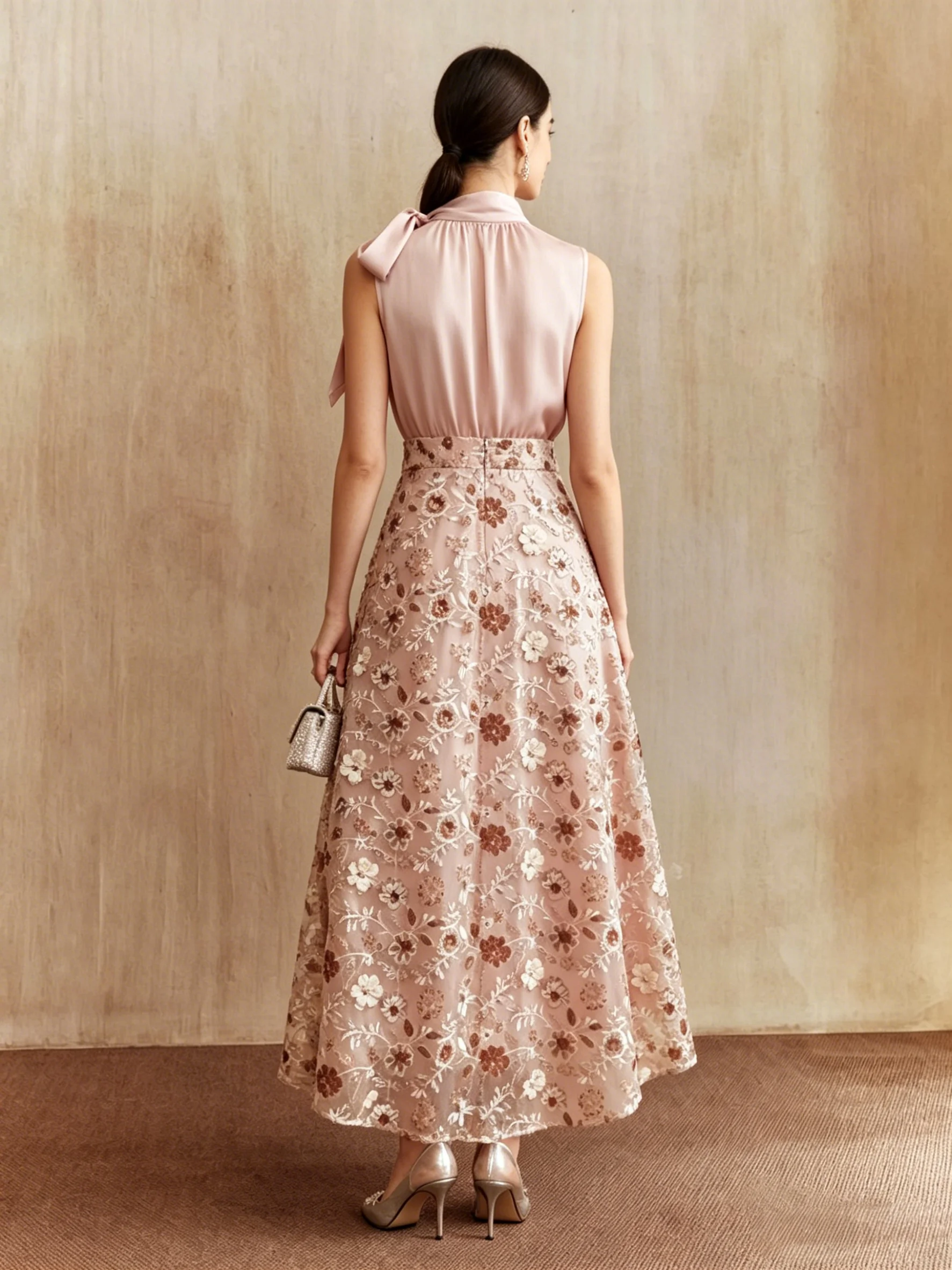 Pink Bow Embroidery Classic Mock Neck Sleeveless A-Line Maxi Dress ...