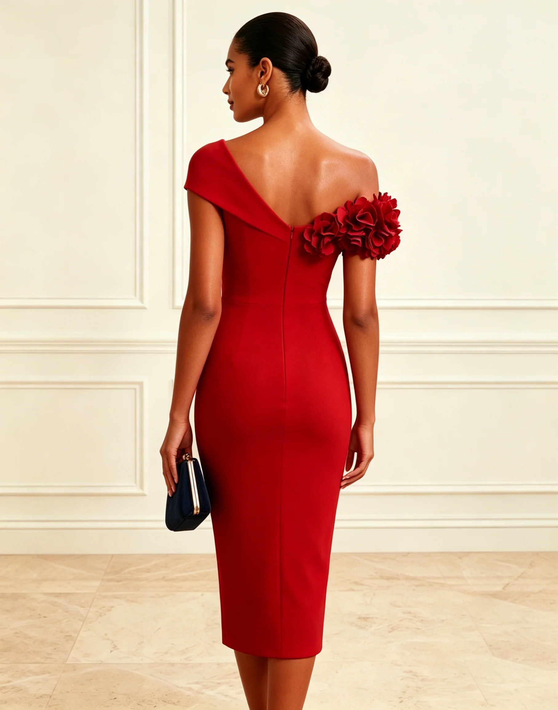 Red 3D Floral Classic Asymmetrical Sleeveless Sheath Midi Dress | fehaute